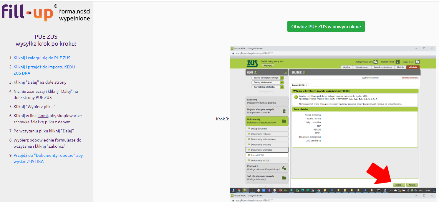 Wysyłka deklaracji do PUE ZUS - opcja Wyślij ręcznie w przeglądarce ...